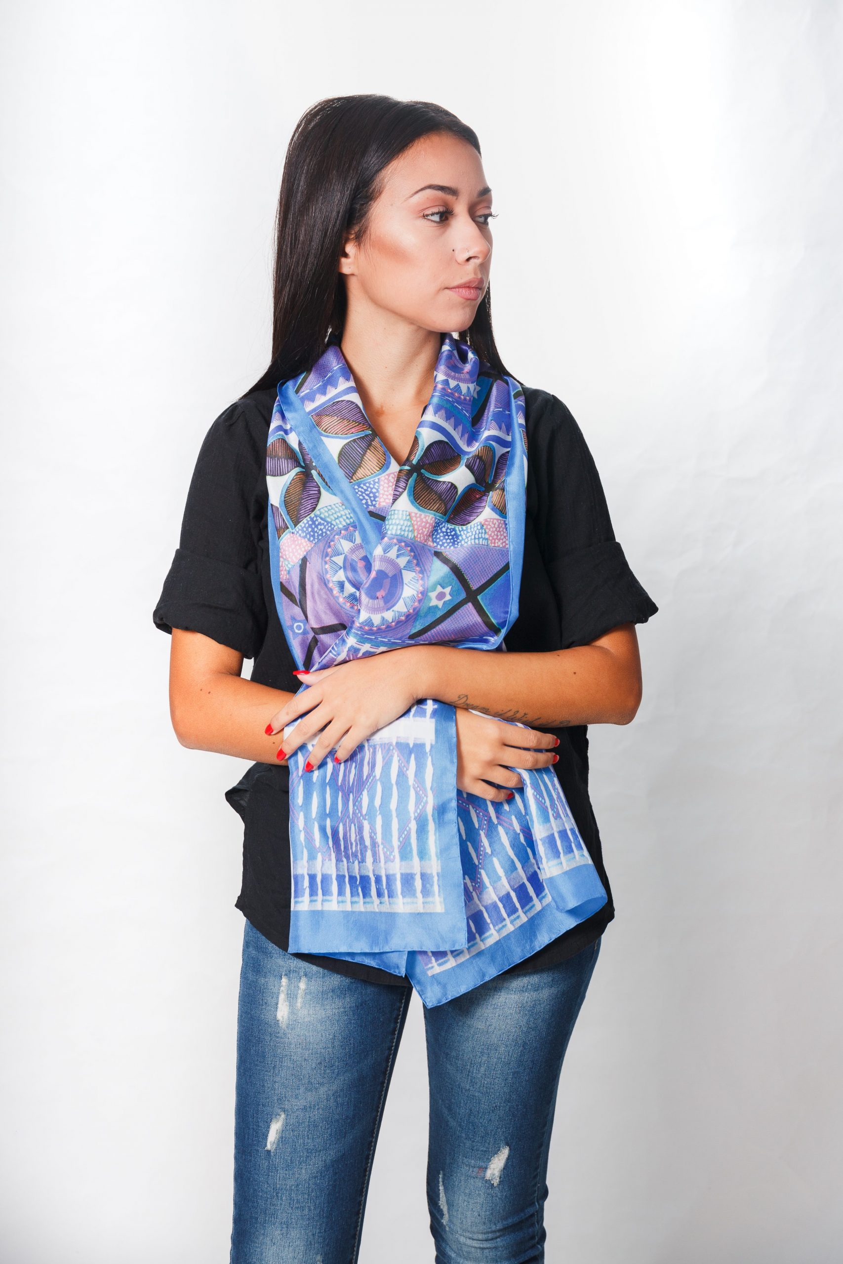 Bright blue silk scarf with ethnic designs - Ancientgreekscarves.com