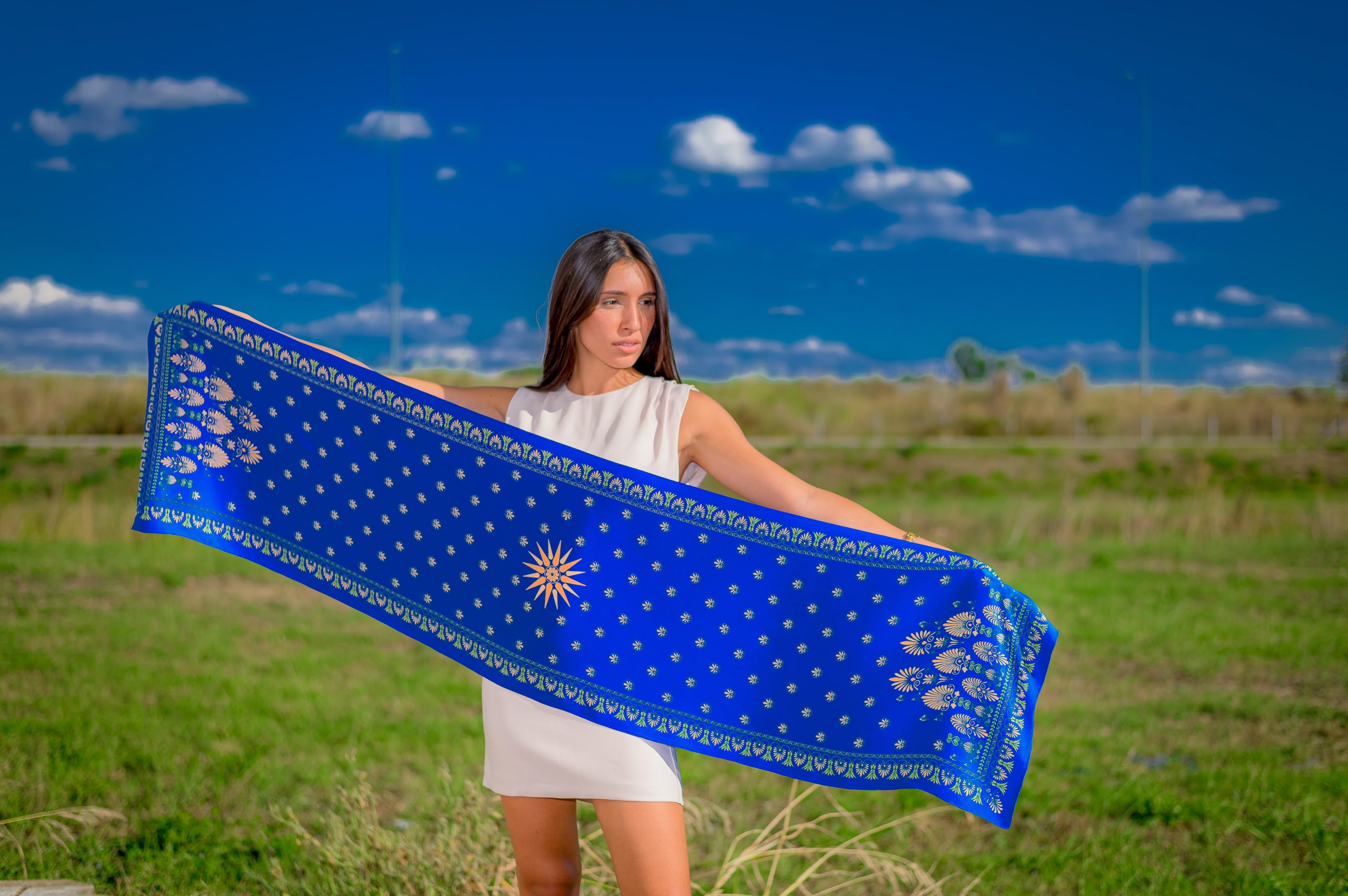 Blue pure silk shawl with gold details - Ancientgreekscarves.com