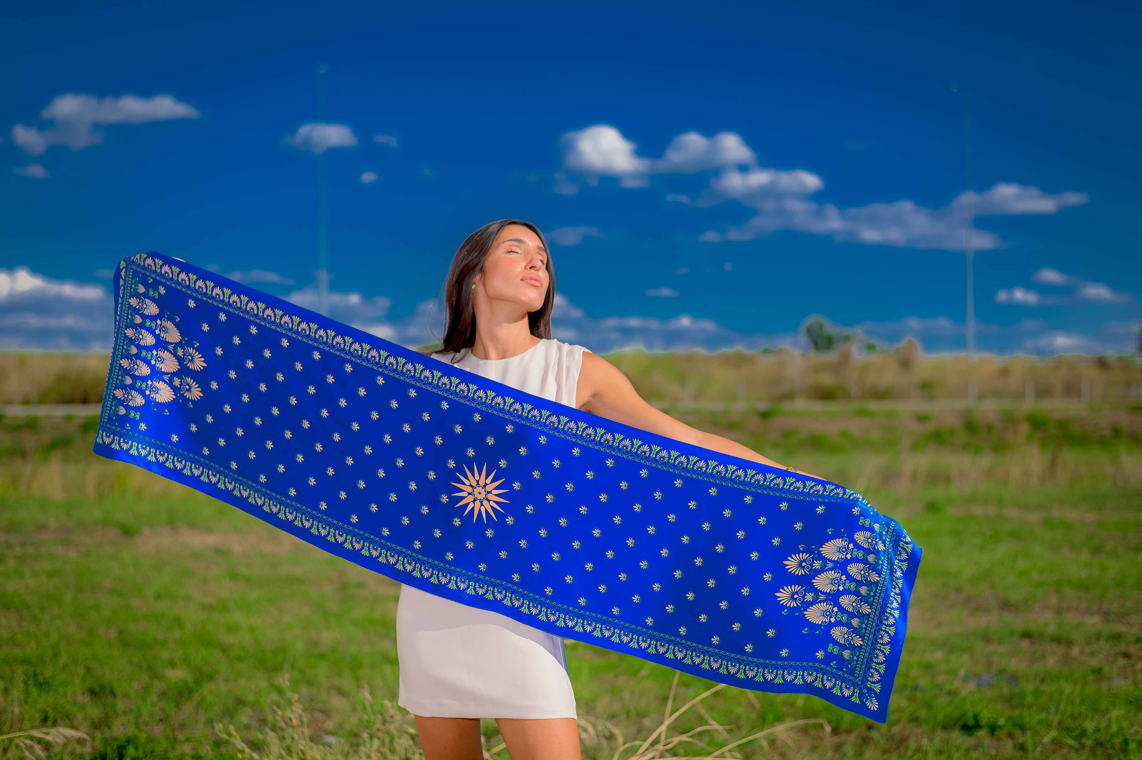 Blue pure silk shawl with gold details - Ancientgreekscarves.com