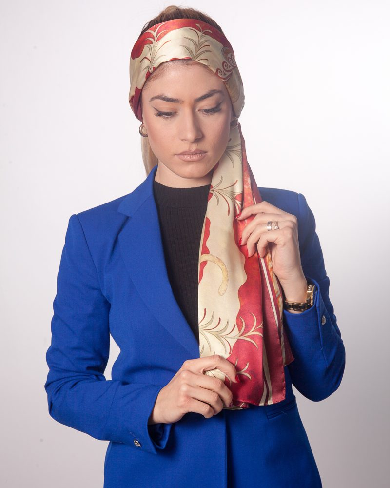 Red and beige long silk scarf - Ancientgreekscarves.com