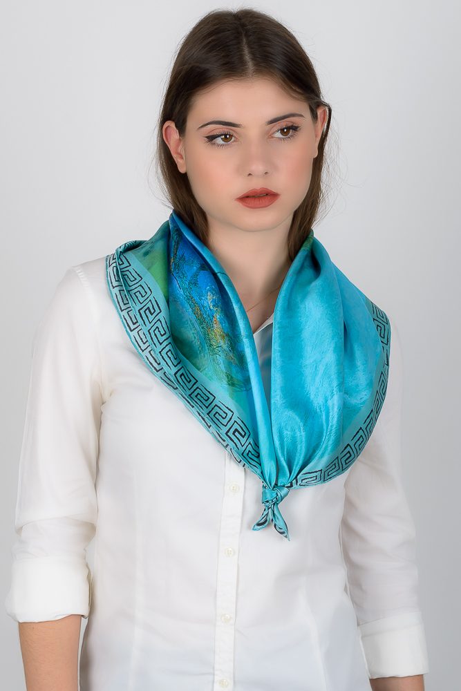 Ocean blue silk scarf with greek design - Ancientgreekscarves.com