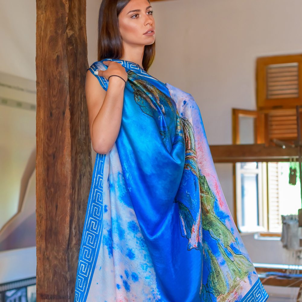 Large blue square silk scarf - Ancientgreekscarves.com