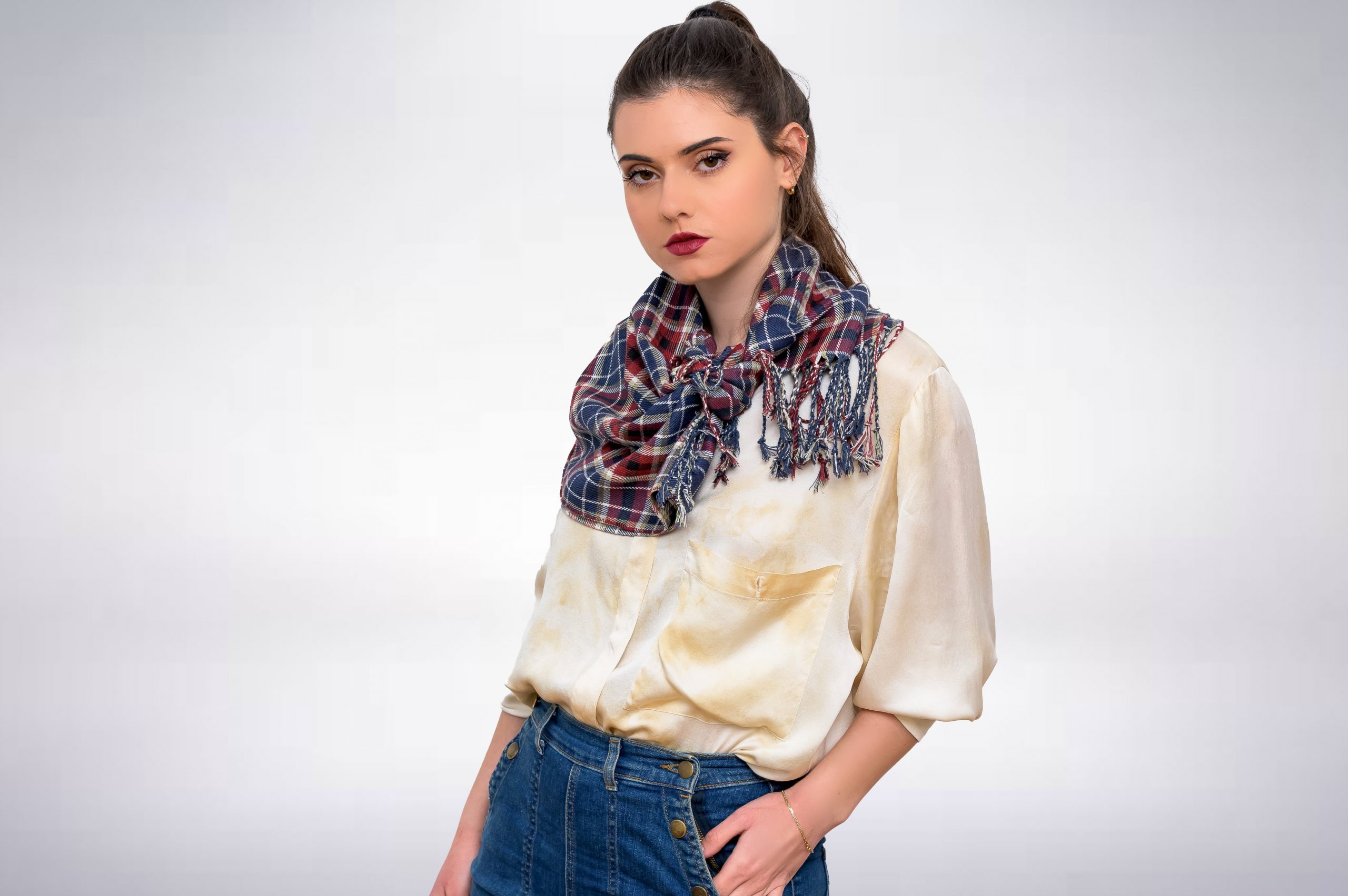 Plaid silk scarf in red and blue - Ancientgreekscarves.com