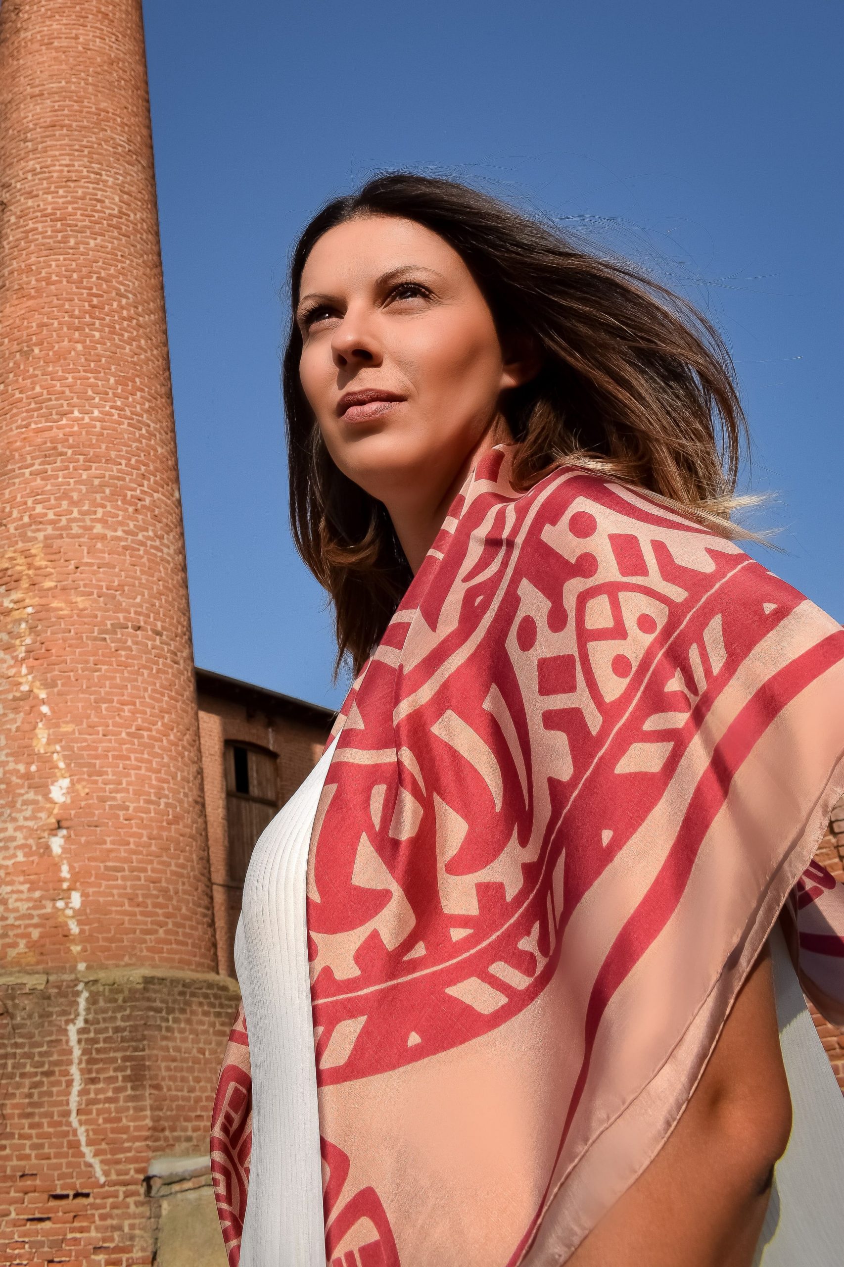 Square red silk scarf with geometric designs - Ancientgreekscarves.com